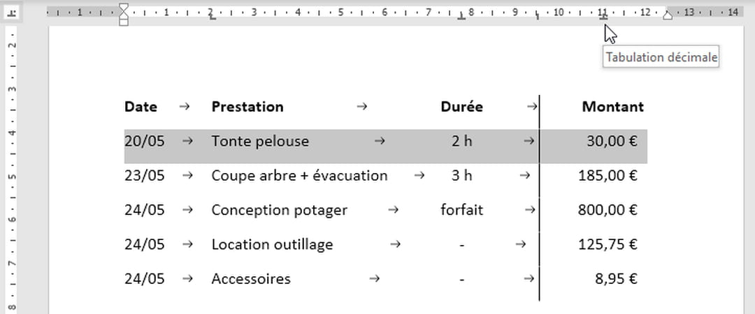 Tabulations Word : utiliser les taquets et les pointillés