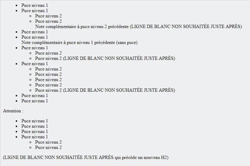 Différents niveaux de listes à puces sans ligne de blanc entre chaque ...