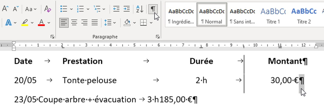 Tabulations Word : utiliser les taquets et les pointillés